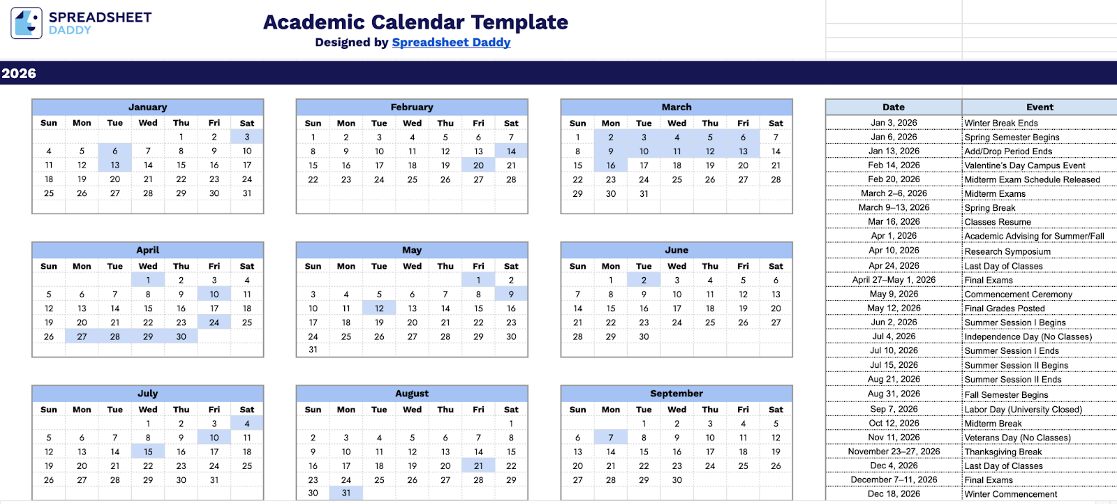 Free☝️ Academic Calendar Template (Google Sheets, Excel, & PDF Downloads)