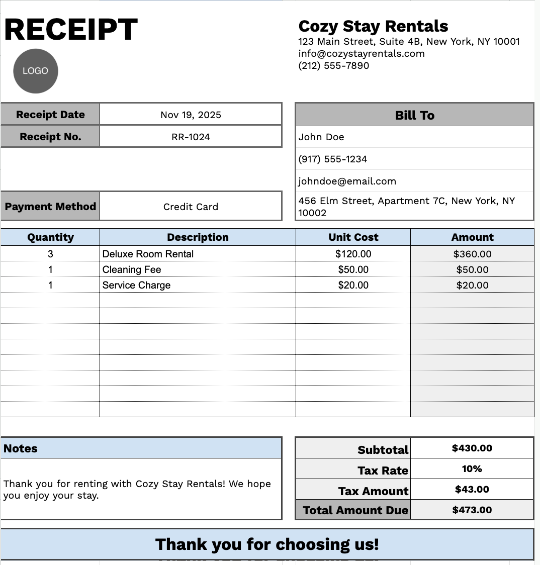 Free☝️ Room Rental Receipt Template (Google Sheets, Excel, Word, Google ...