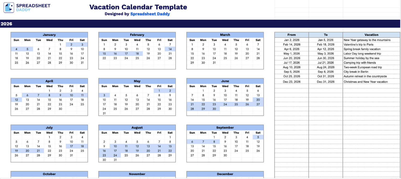 Free☝️ Vacation Calendar Template (Google Sheets, Excel, & PDF Downloads)