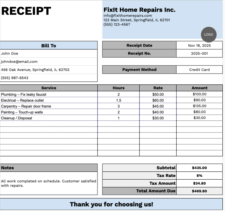 Free☝️ Home Repair Receipt Template (Google Sheets, Excel, Word, Google ...
