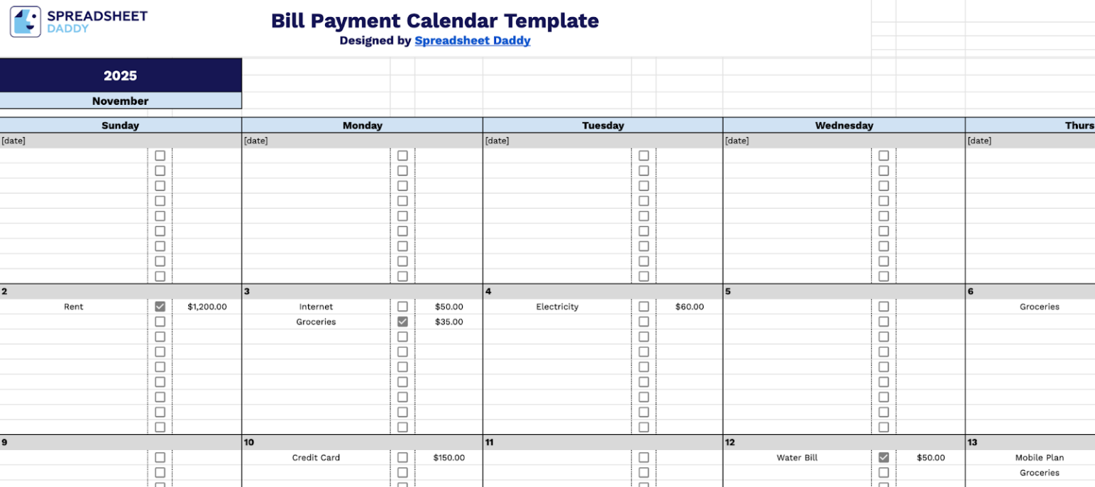 Free☝️ Bill Payment Calendar Template (Google Sheets, Excel, & PDF ...