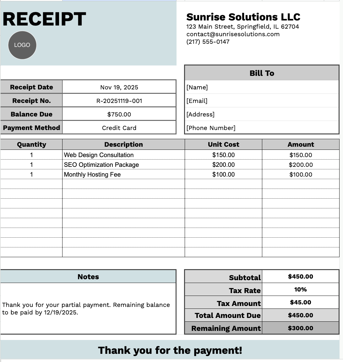 Free☝️ Partial Payment Receipt Template (Google Sheets, Excel, Word ...