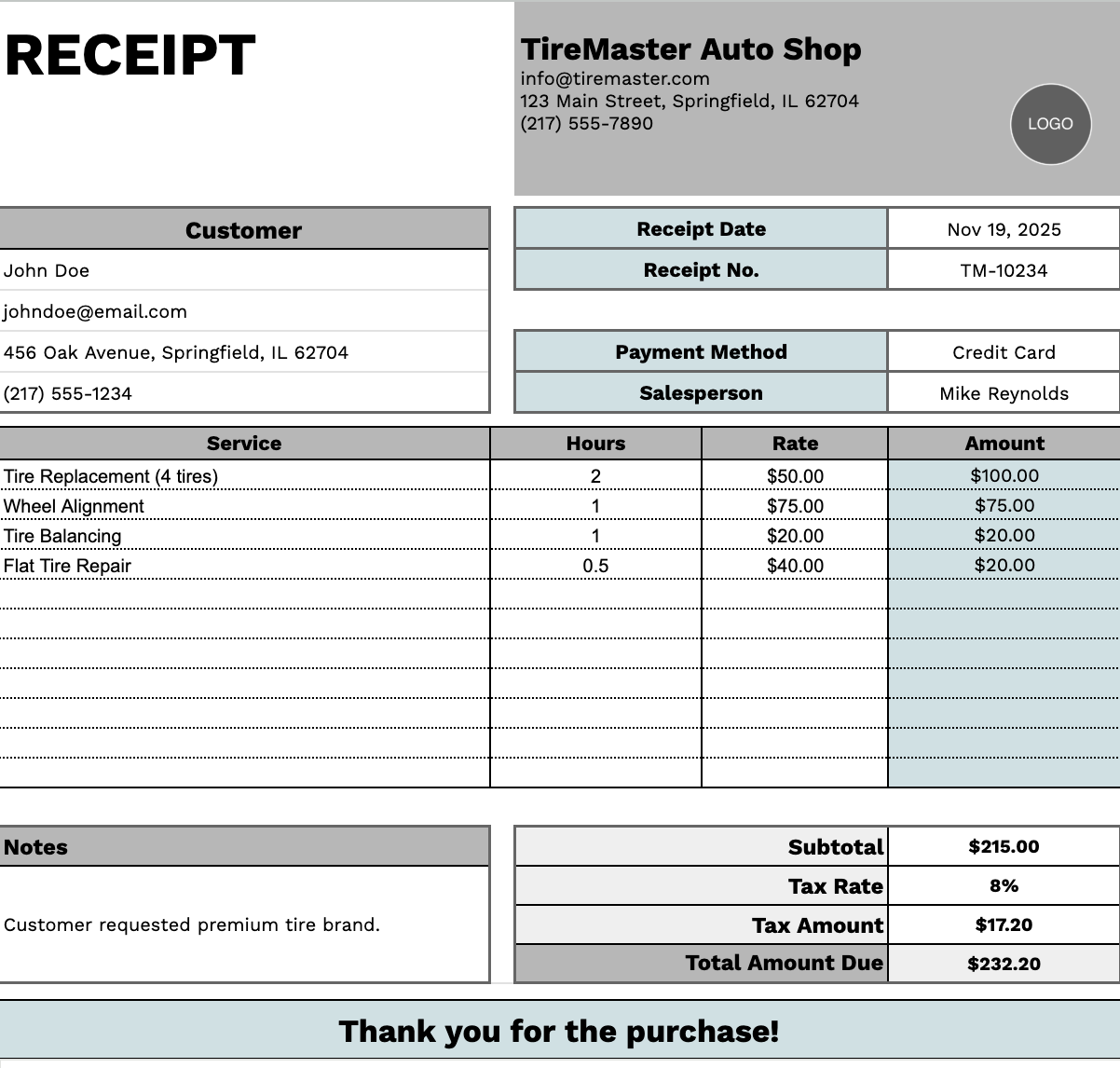 Free☝️ Tire Shop Receipt Template (Google Sheets, Excel, Word, Google ...