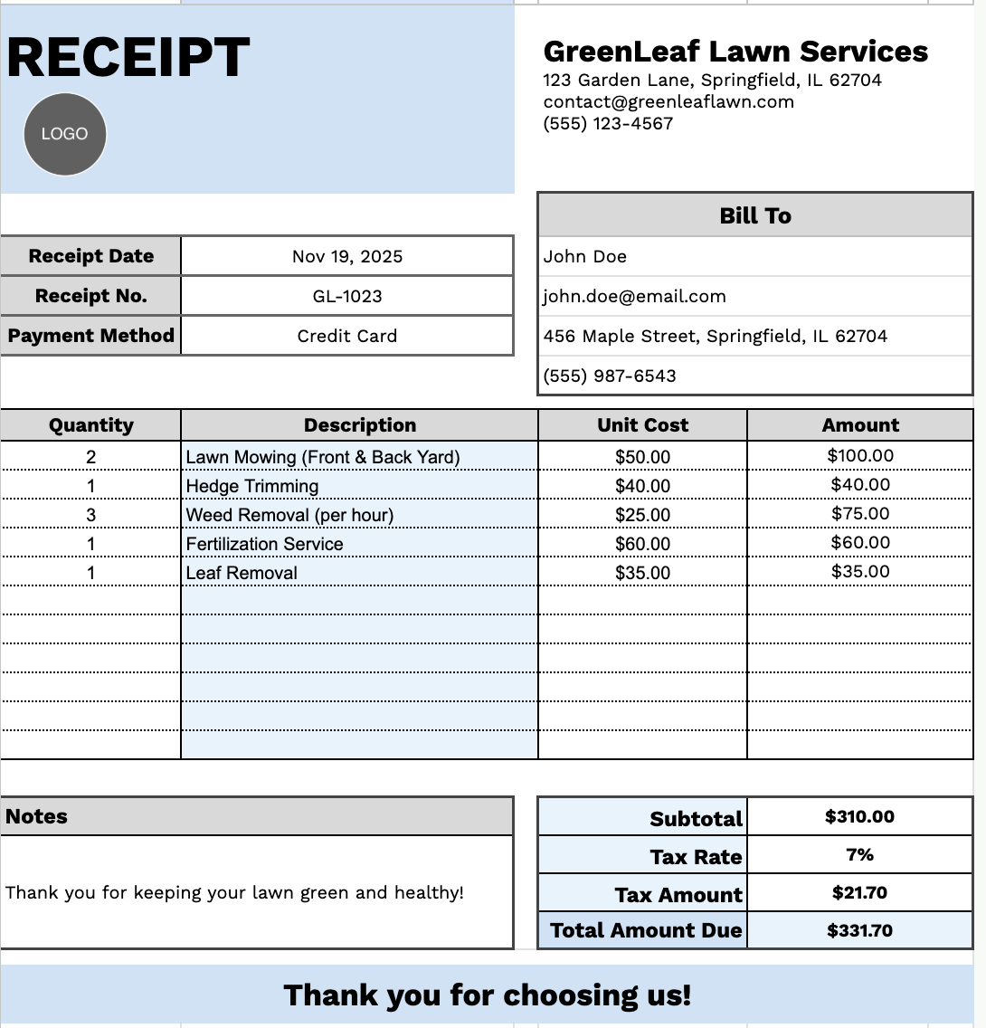 Free☝️ Lawn Care Receipt Template (Google Sheets, Excel, Word, Google ...