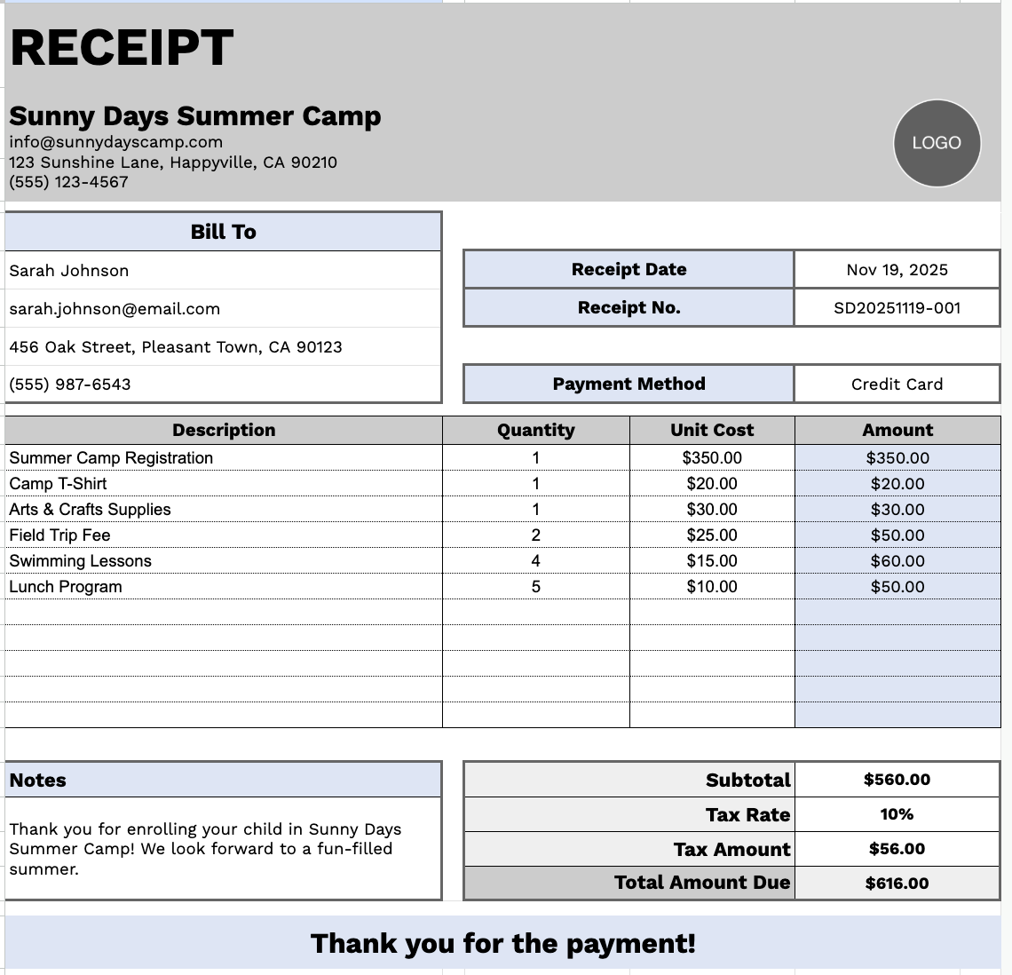 Free☝️ Summer Camp Receipt Template (Google Sheets, Excel, Word, Google ...