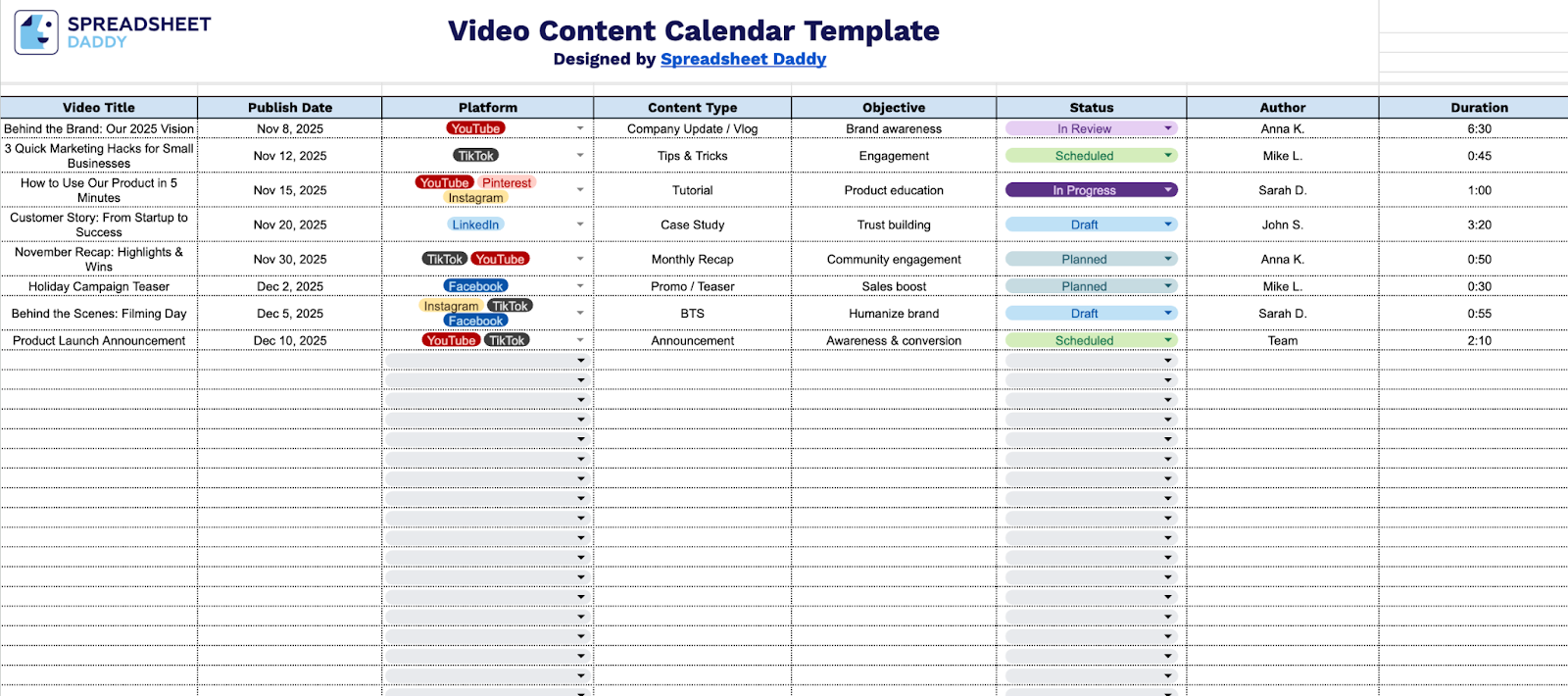 Free☝️ Video Content Calendar Template (Google Sheets, Excel, & PDF ...