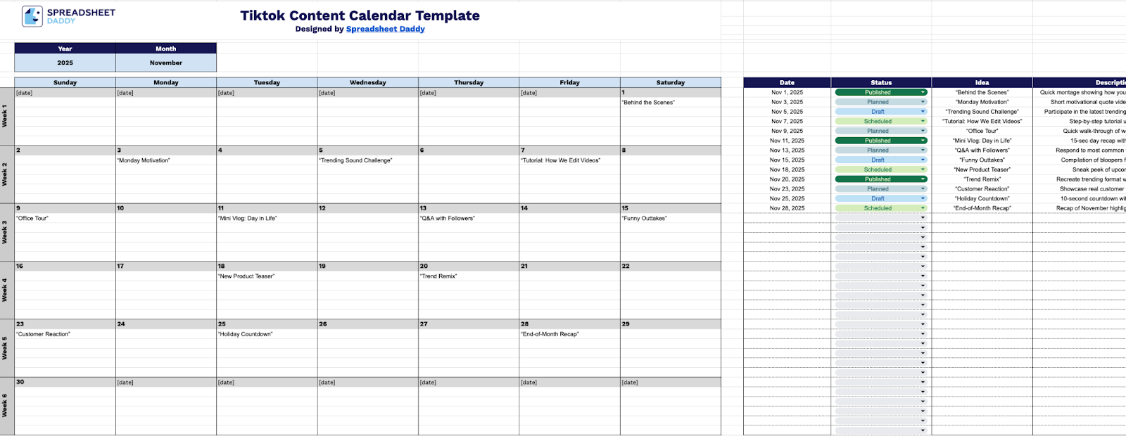 Free☝️ TikTok Content Calendar Template (Google Sheets, Excel, & PDF ...