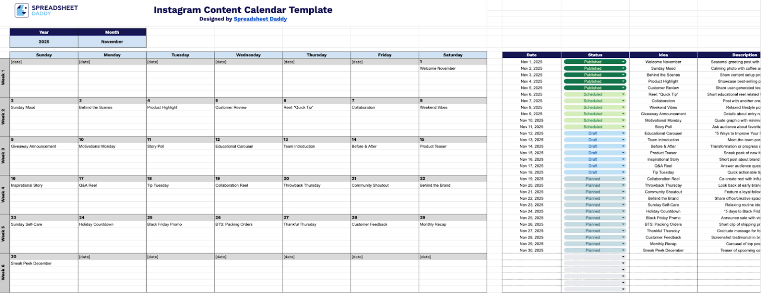 Free☝️ Instagram Content Calendar Template (Google Sheets, Excel, & PDF ...