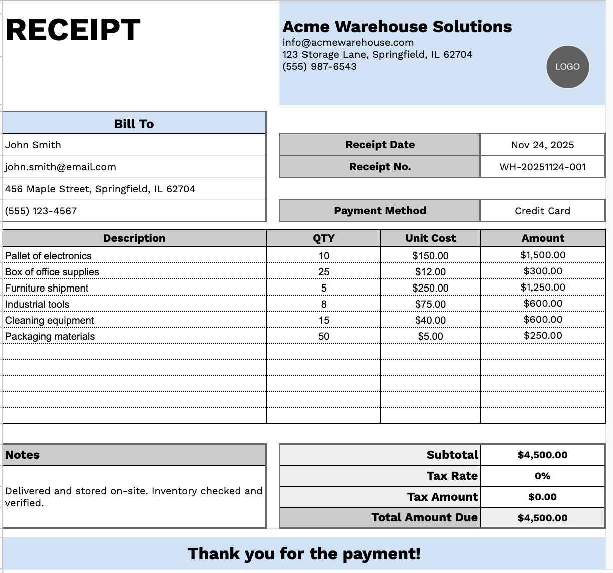 Free☝️ Warehouse Receipt Template (Google Sheets, Excel, Word, Google ...
