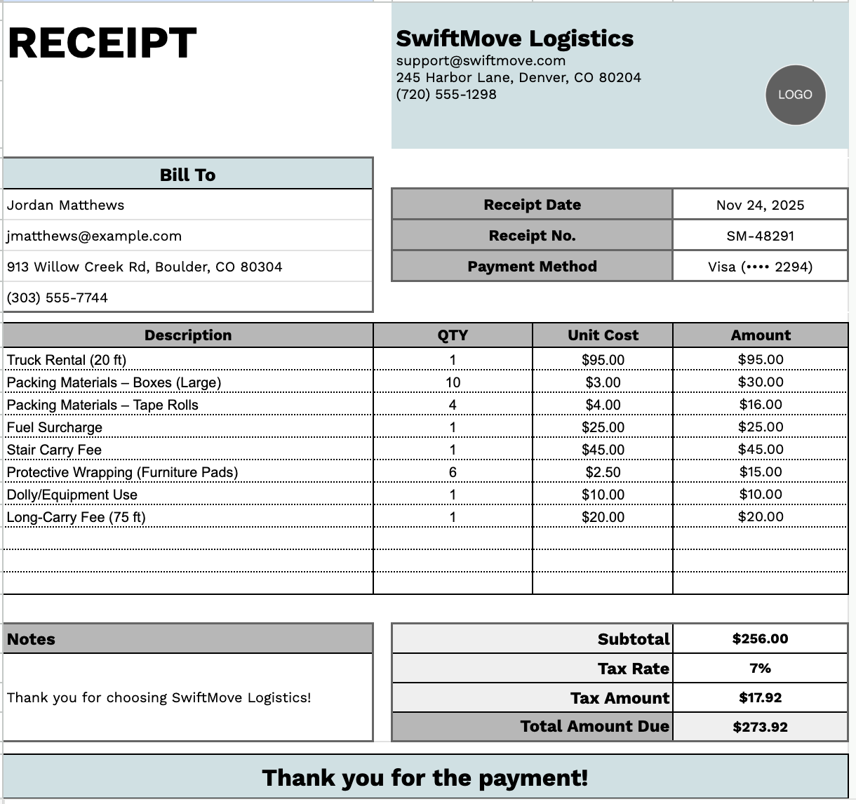 Free☝️ Moving Company Receipt Template (Google Sheets, Excel, Word ...
