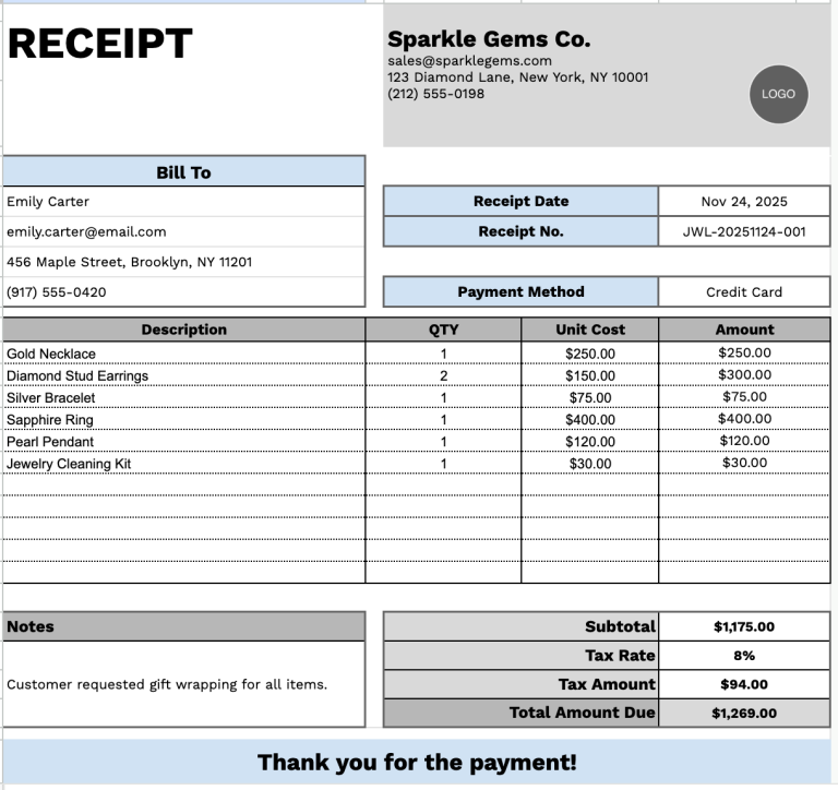Free☝️ Jewelry Receipt Template (Google Sheets, Excel, Word, Google ...