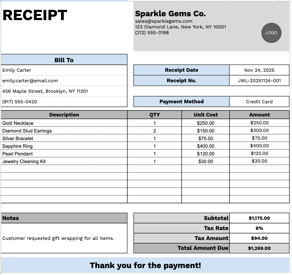 Free☝️ Jewelry Receipt Template (Google Sheets, Excel, Word, Google ...