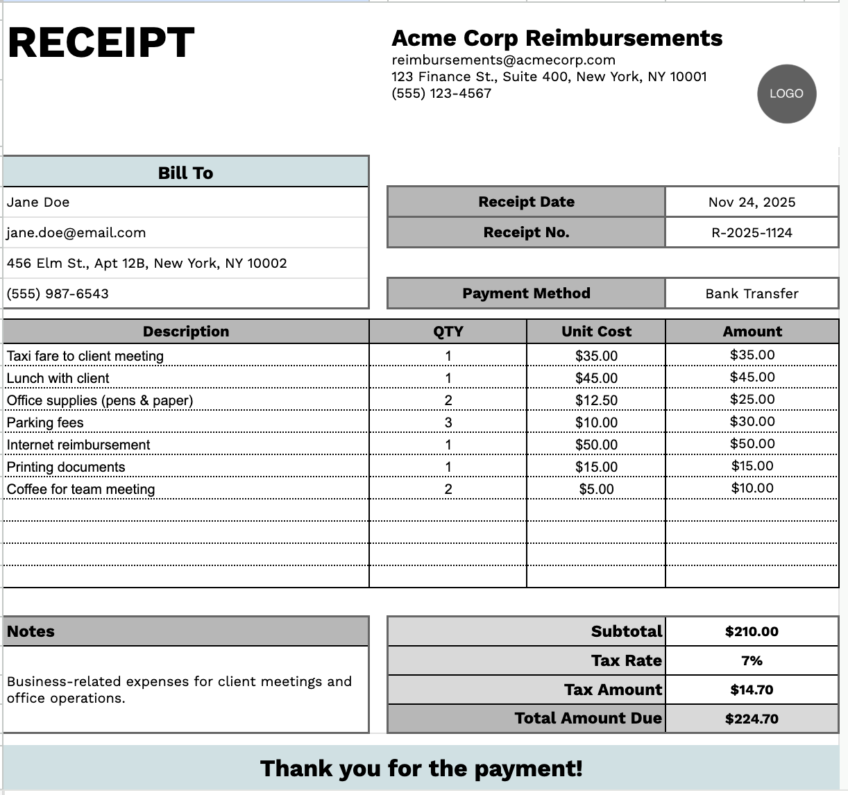 Free☝️ Reimbursement Receipt Template (Google Sheets, Excel, Word, Google Docs, & PDF Downloads)