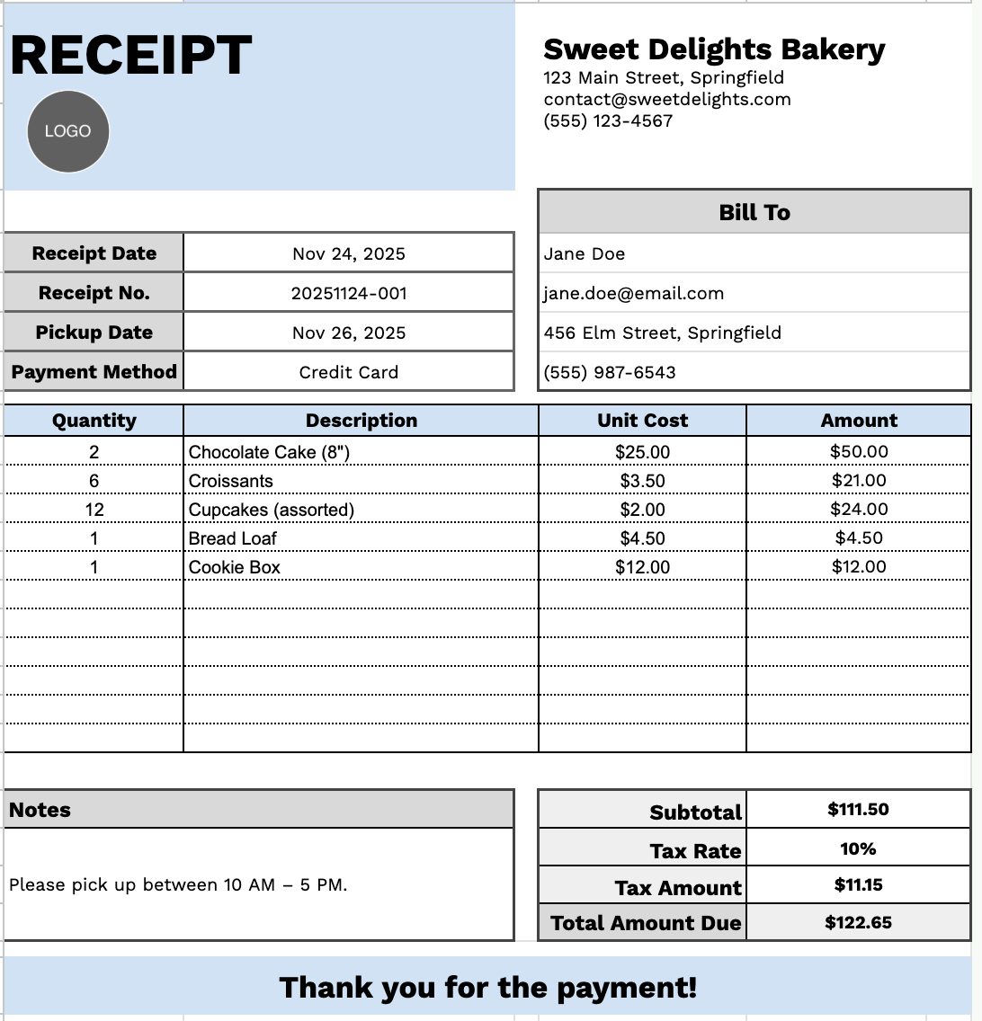 Free☝️ Bakery Receipt Template (Google Sheets, Excel, Word, Google Docs ...