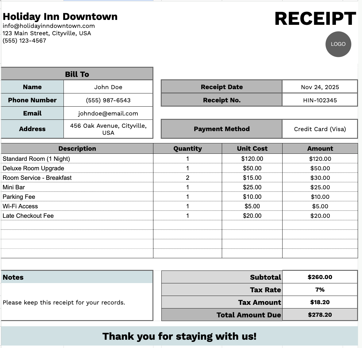 Free☝️ Holiday Inn Receipt Template (Google Sheets, Excel, Word, Google ...