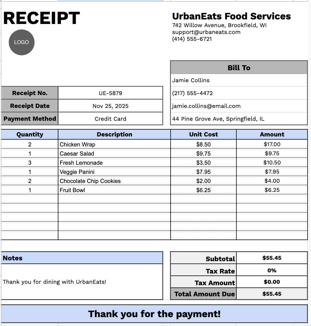 Free☝️ Food Receipt Template (Google Sheets, Excel, Word, Google Docs ...