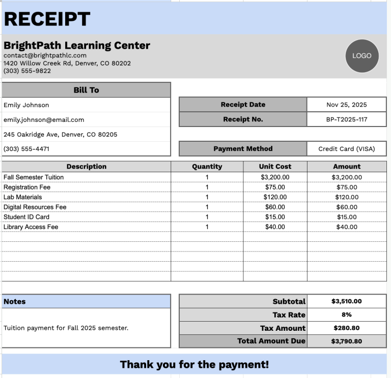 Free☝️ Tuition Receipt Template (Google Sheets, Excel, Word, Google ...