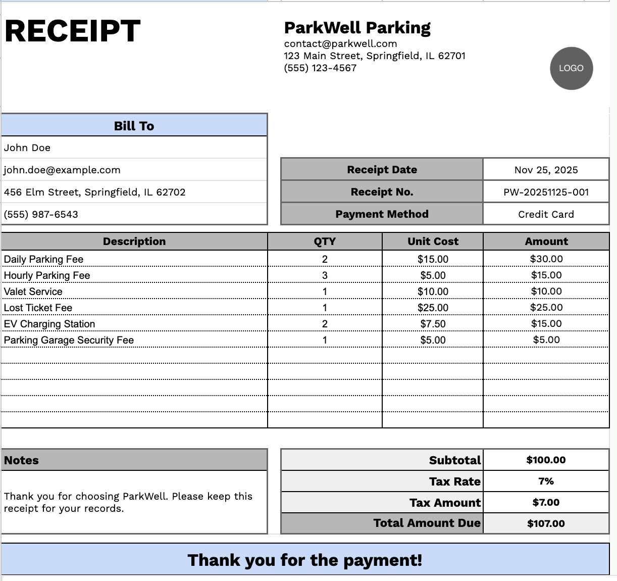 Free☝️ Parking Receipt Template (Google Sheets, Excel, Word, Google ...