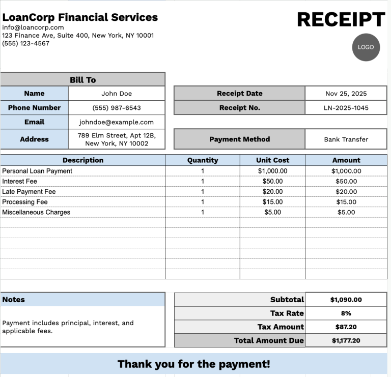 Free☝️ Loan Receipt Template (Google Sheets, Excel, Word, Google Docs ...