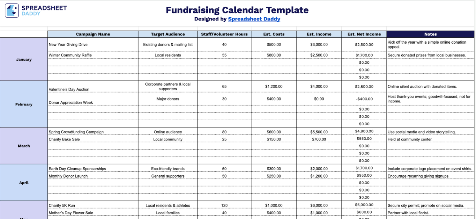 Free☝️ Fundraising Calendar Templates (Google Sheets, Excel, & PDF ...