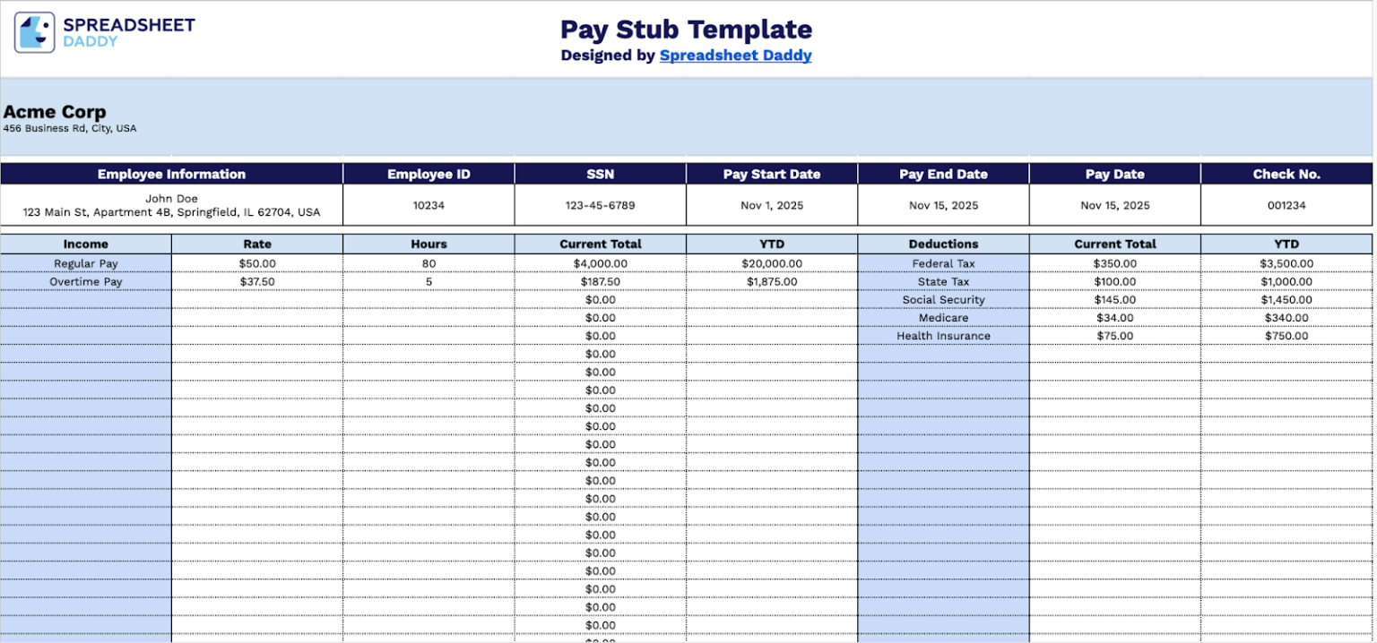 Free☝️ Pay Stub Spreadsheet Template (Google Sheets, Excel, & PDF ...