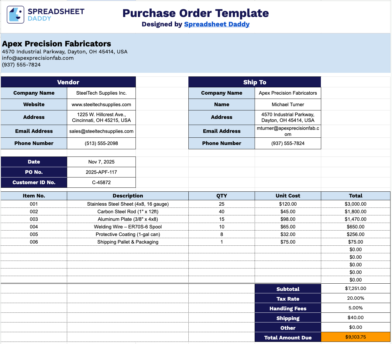 Free☝️ Purchase Order Spreadsheet Template (Google Sheets, Excel, Word ...