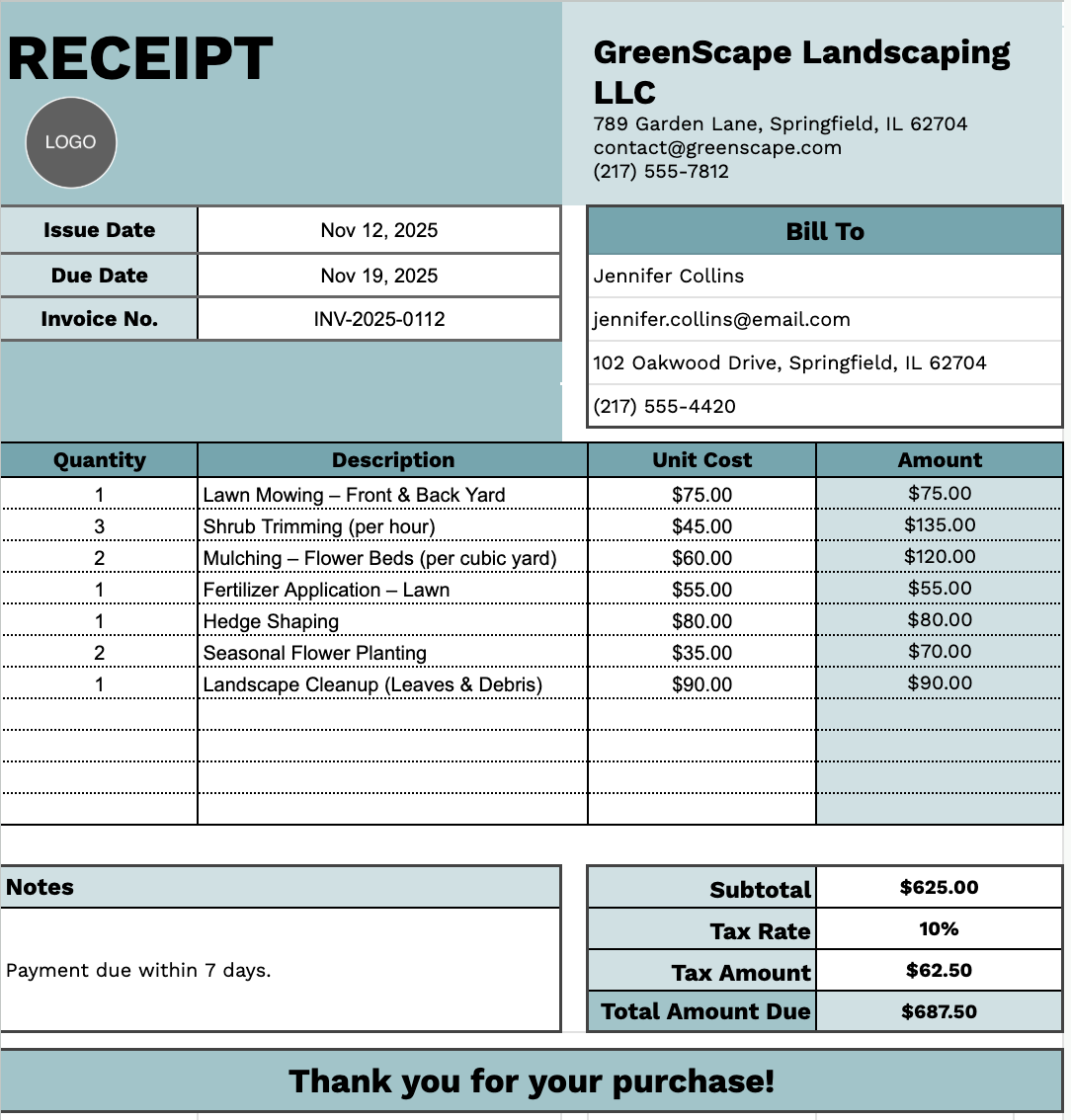 Free☝️ Landscape Receipt Template (Google Sheets, Excel, Word, Google ...
