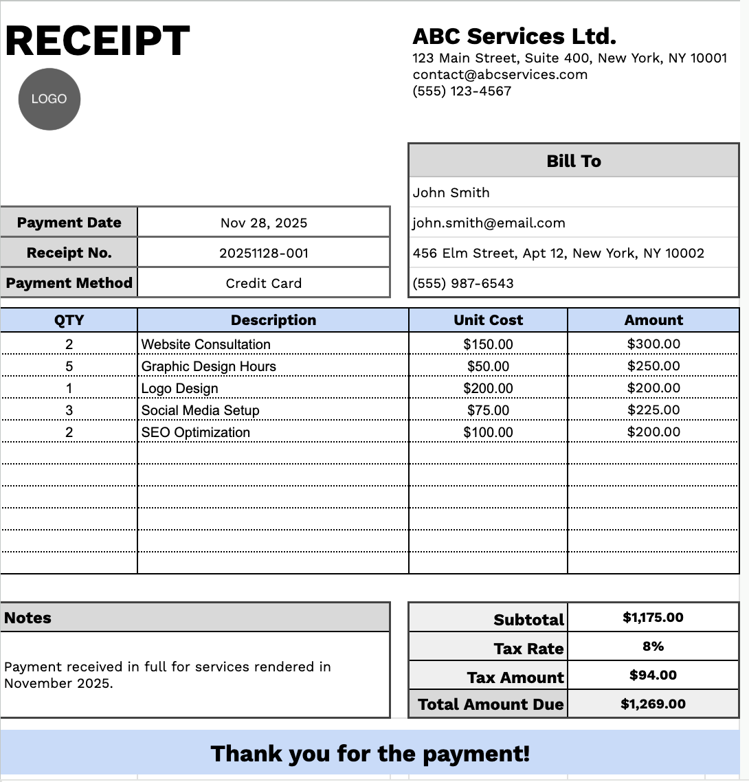 Free☝️ Work Receipt Template (Google Sheets, Excel, Word, Google Docs ...