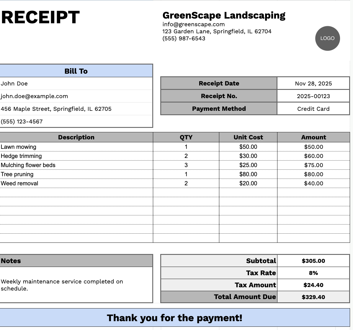 Free☝️ Landscaping Receipt Template (Google Sheets, Excel, Word, Google ...