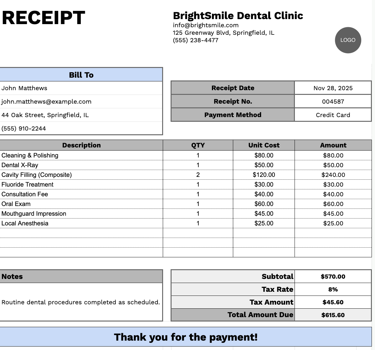 Free☝️ Dental Receipt Template (Google Sheets, Excel, Word, Google Docs ...