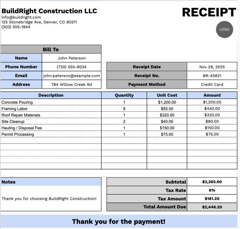 Free☝️ Construction Receipt Template (Google Sheets, Excel, Word ...