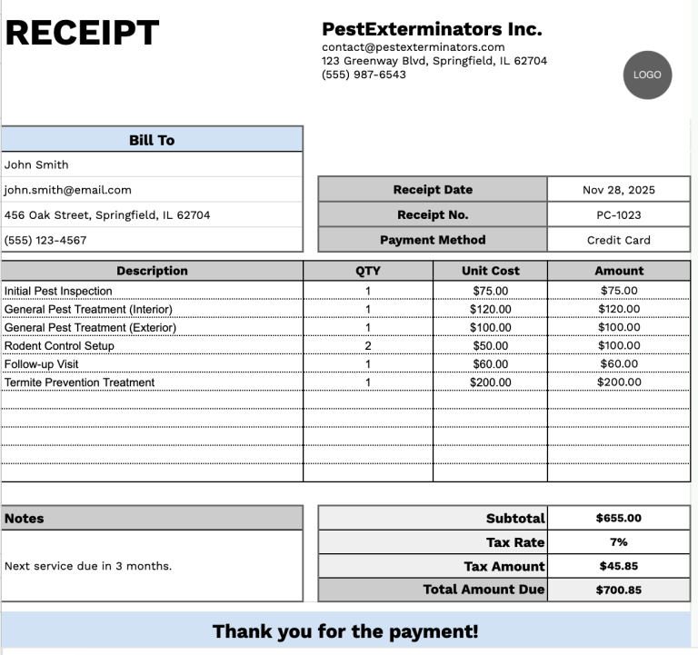 Free☝️ Pest Control Receipt Template (Google Sheets, Excel, Word ...