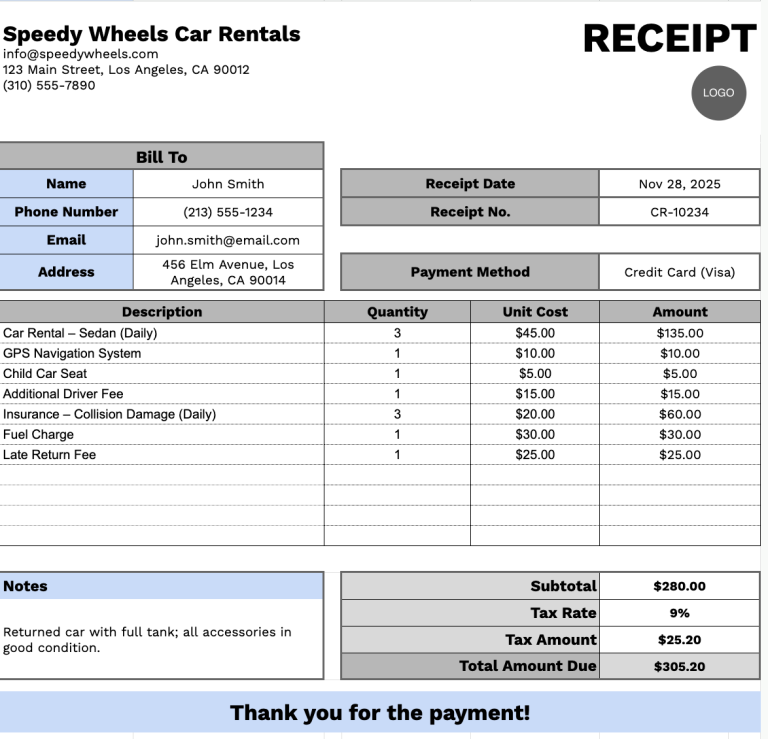 Free☝️ Car Rental Receipt Template (Google Sheets, Excel, Word, Google ...