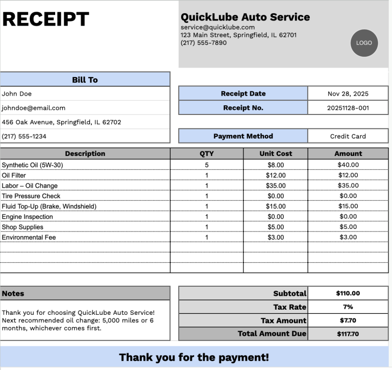 Free☝️ Oil Change Receipt Template (Google Sheets, Excel, Word, Google ...