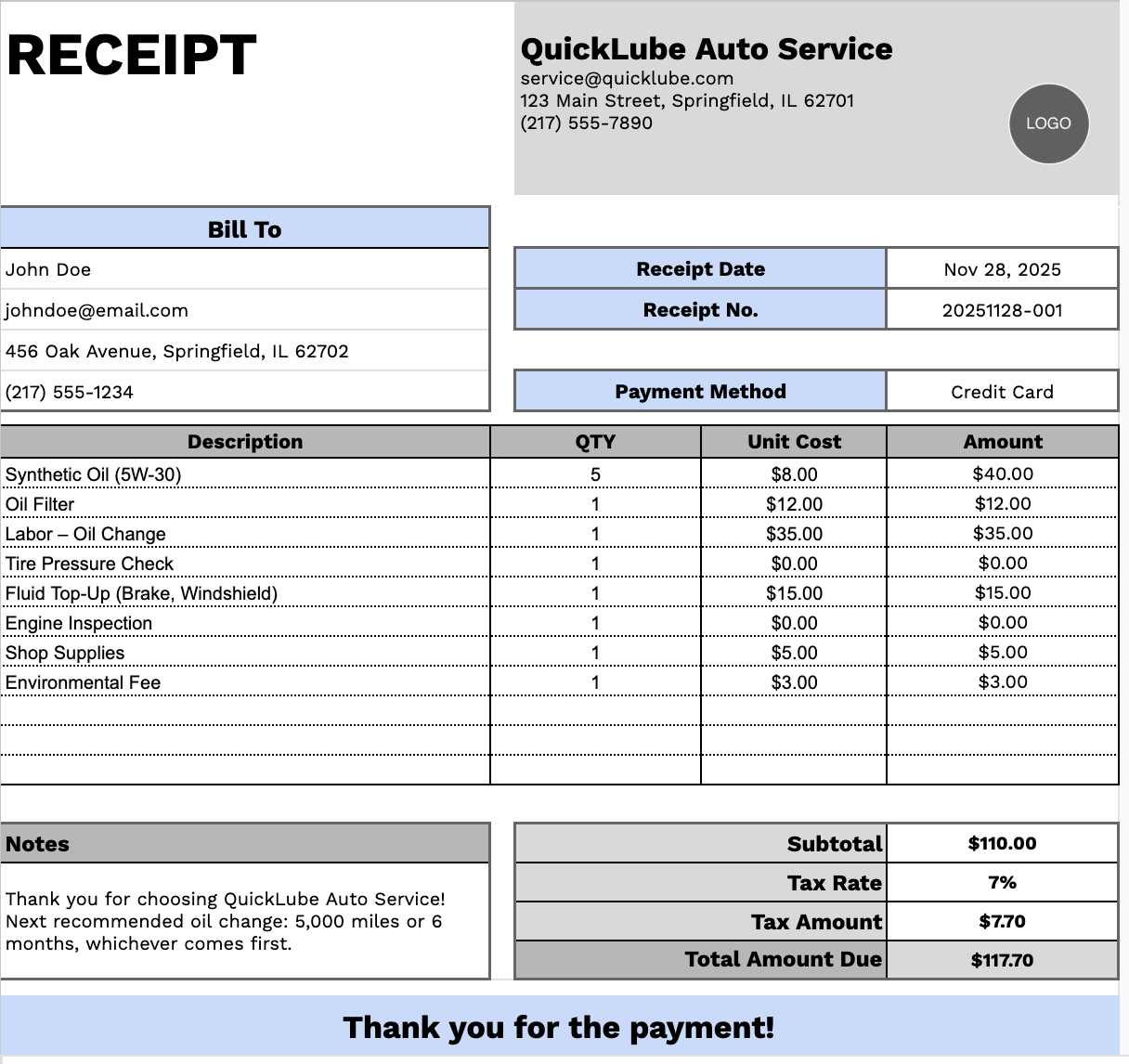 Free☝️ Oil Change Receipt Template (Google Sheets, Excel, Word, Google ...