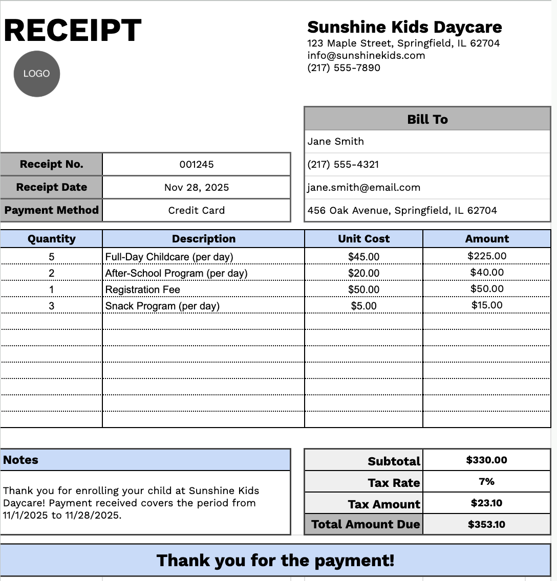 Free☝️ Daycare Receipt Template (Google Sheets, Excel, Word, Google ...