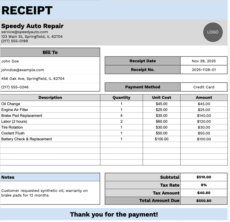 Free☝️ Auto Repair Receipt Template (Google Sheets, Excel, Word, Google ...