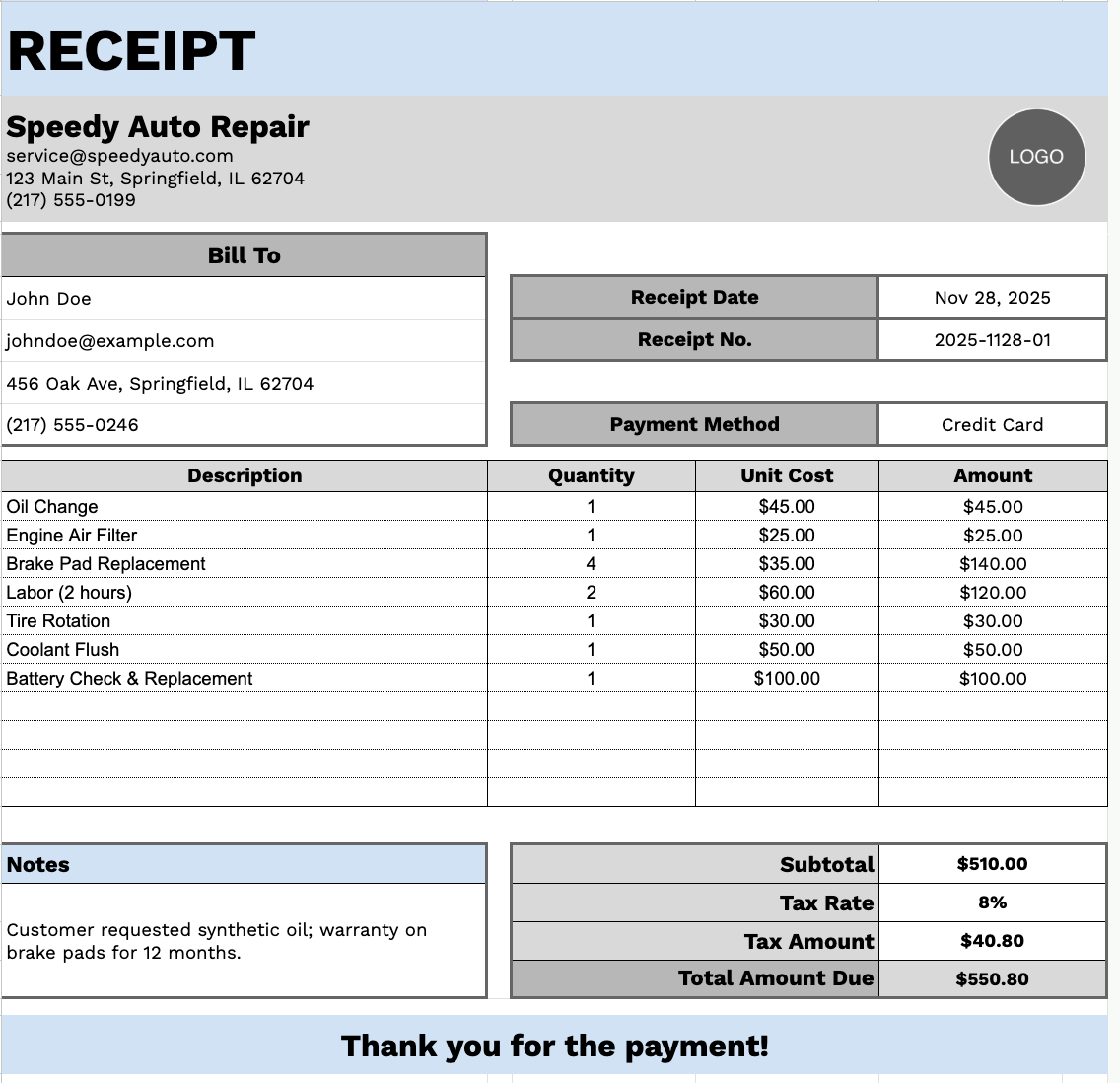 Free☝️ Auto Repair Receipt Template (Google Sheets, Excel, Word, Google ...