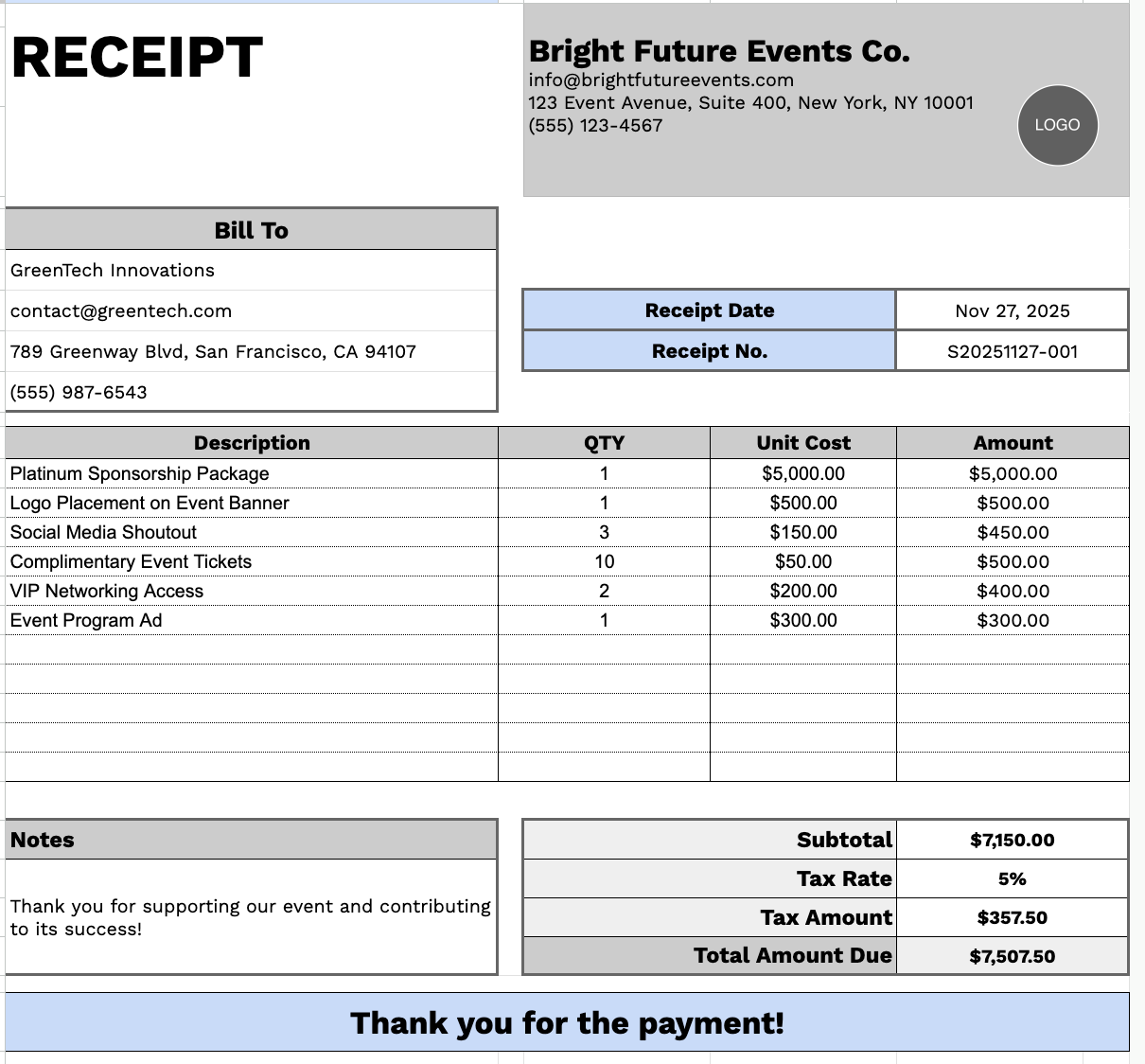 Free☝️ Sponsorship Receipt Template (Google Sheets, Excel, Word, Google ...