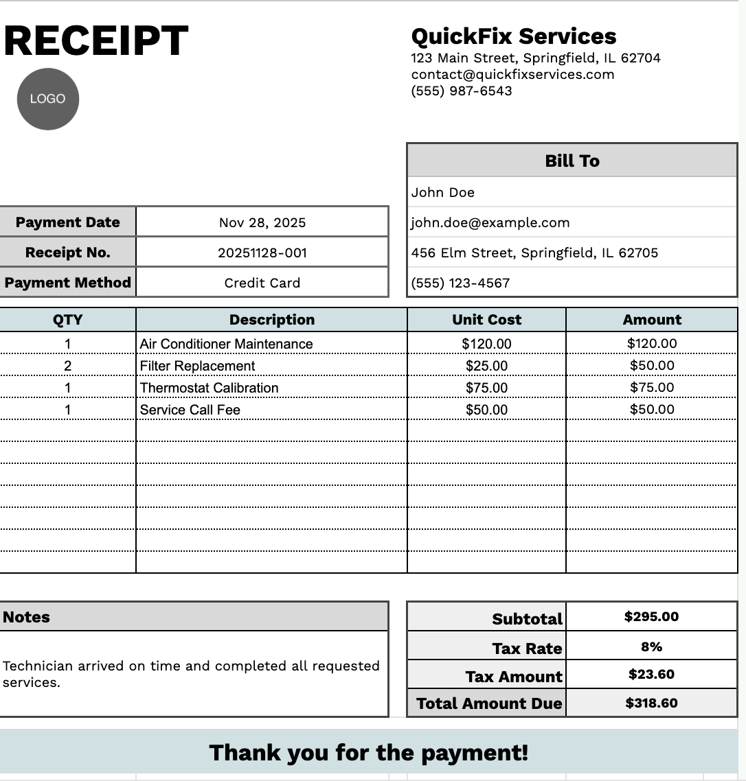 Free☝️ Service Receipt Template (Google Sheets, Excel, Word, Google ...