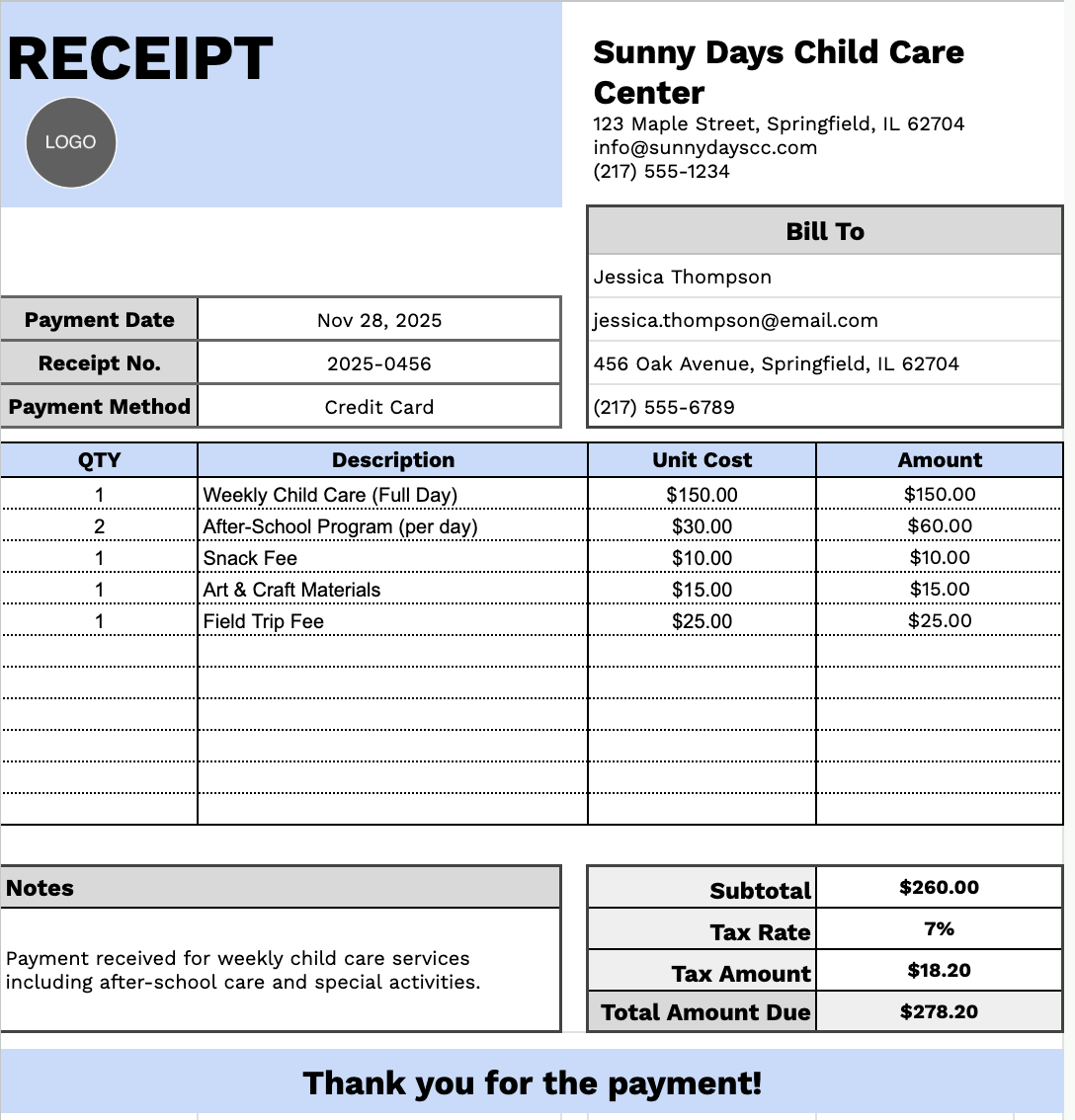 Free☝️ Child Care Receipt Template (Google Sheets, Excel, Word, Google Docs, & PDF Downloads)