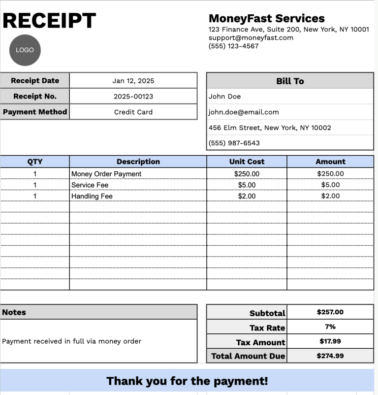 Free☝️ Money Order Receipt Template (Google Sheets, Excel, Word, Google ...