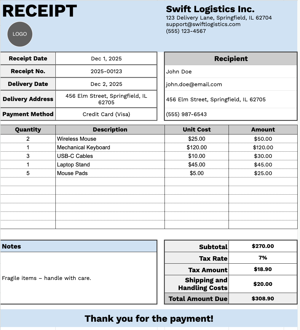 Free☝️ Delivery Receipt Template (Google Sheets, Excel, Word, Google ...