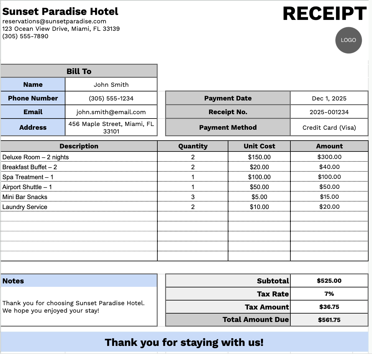Free☝️ Hotel Receipt Template (Google Sheets, Excel, Word, Google Docs ...