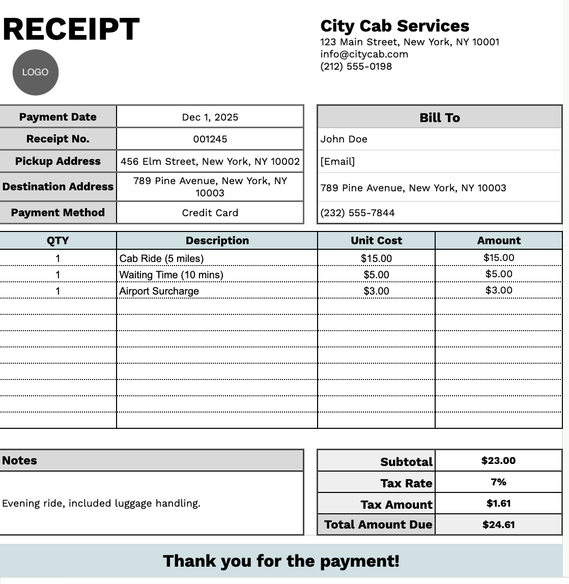 Free☝️ Cab Receipt Template (Google Sheets, Excel, Word, Google Docs ...