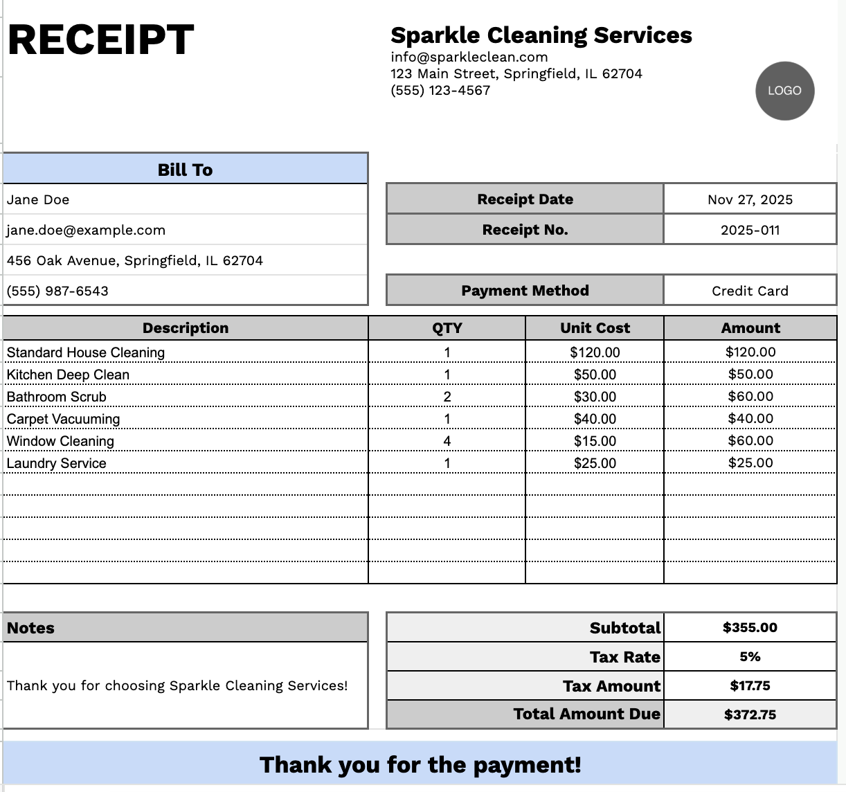 Free☝️ Cleaning Receipt Template (Google Sheets, Excel, Word, Google ...