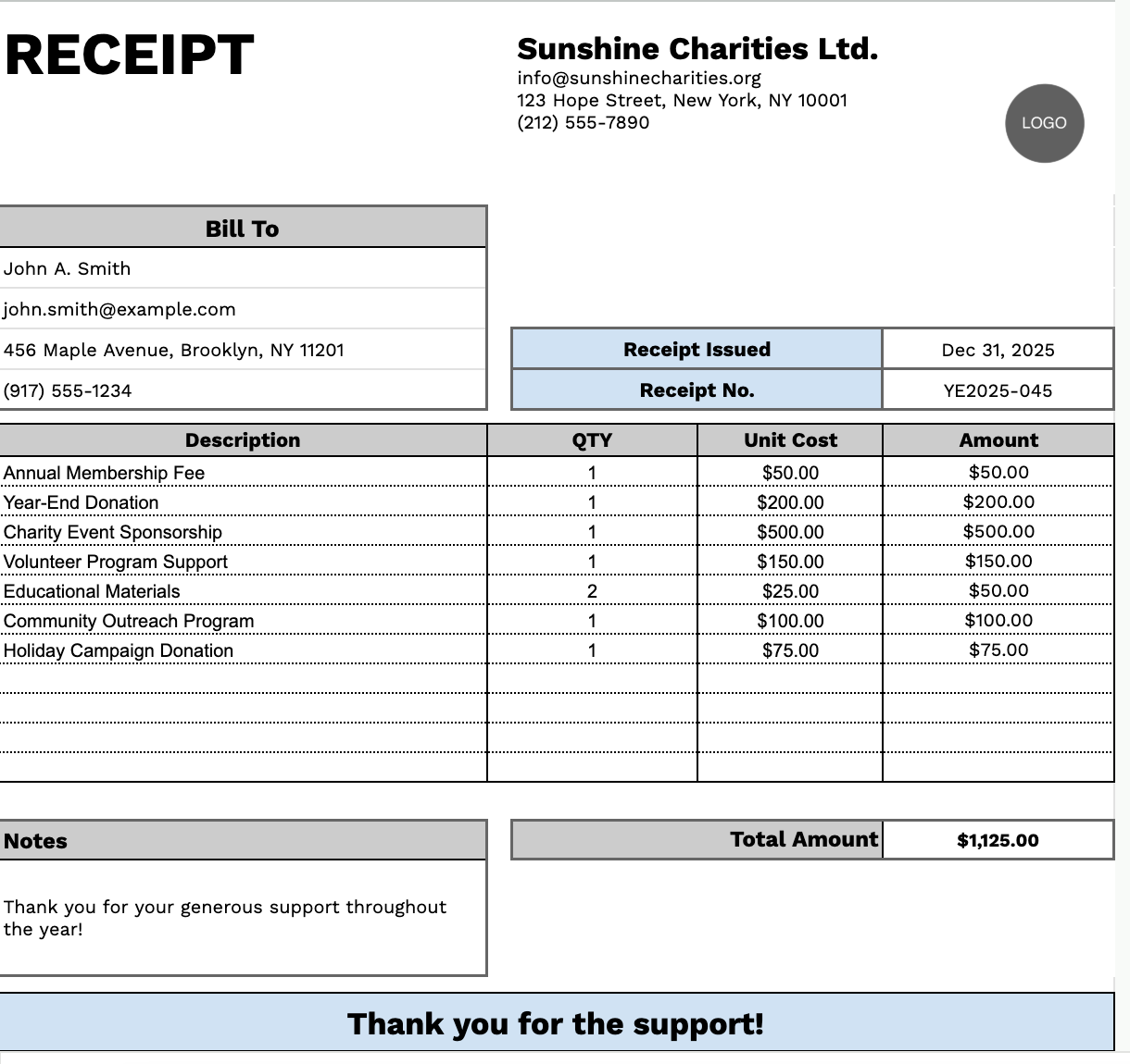 Free☝️ Year-End Donation Receipt Template (Google Sheets, Excel, Word ...