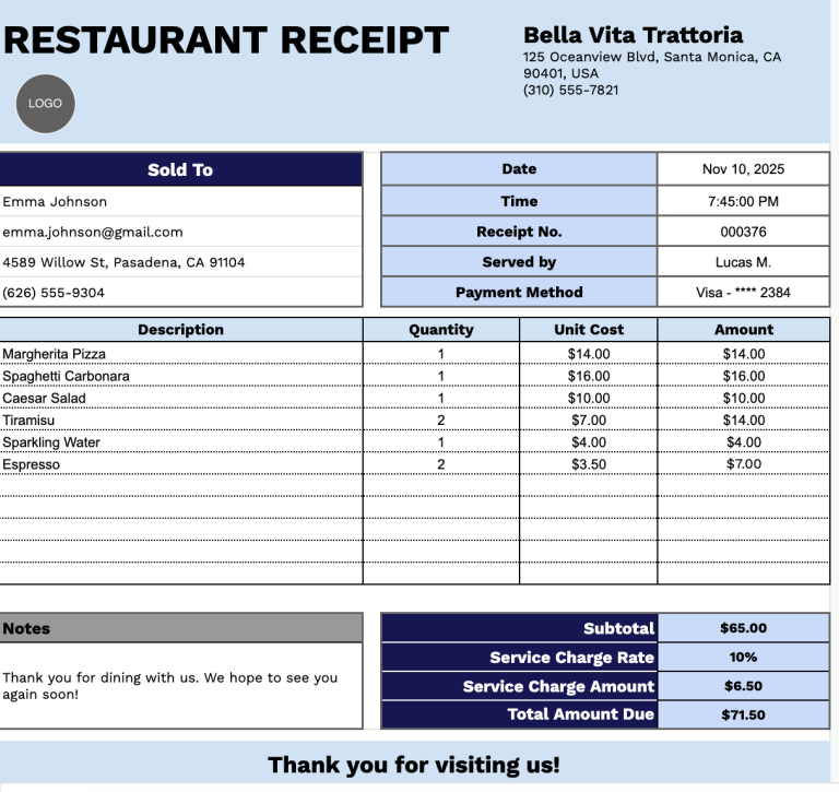 Free☝️ Restaurant Receipt Template (Google Sheets, Excel, Word, Google ...