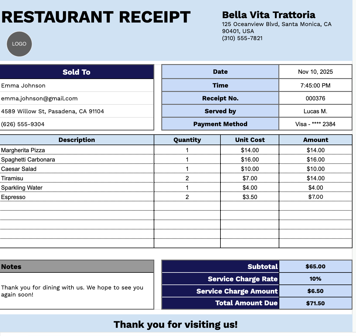 Free☝️ Restaurant Receipt Template (Google Sheets, Excel, Word, Google ...