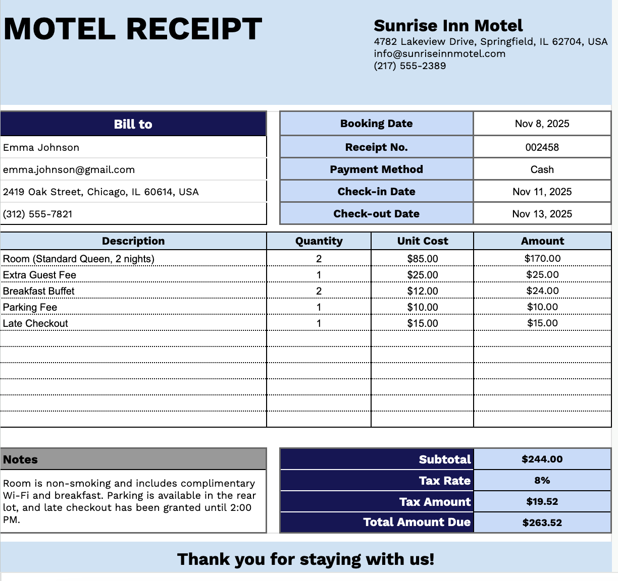 Free☝️ Motel Receipt Template (Google Sheets, Excel, Word, Google Docs ...